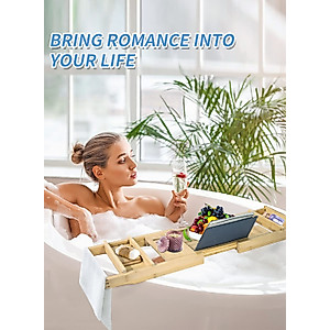 ZHTYRE Bamboo Bathtub Caddy Tray, White, 29.5"-43" Expandable, Non-slip, with Bamboo Bookshelf and Soap Tray Shelf, 1 or 2 Person Bath and Bed Tray
