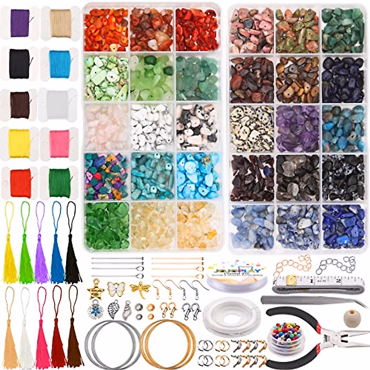 JOJOPLAY Irregular Natural Gemstone Beads Kit Include Seed Beads,Wooden Beads,Tassels,Pendants,Jewelry Findings,Earring Hooks,Embroidery Floss,String for Bracelet Necklace Jewelry (Dark&Light Stone)