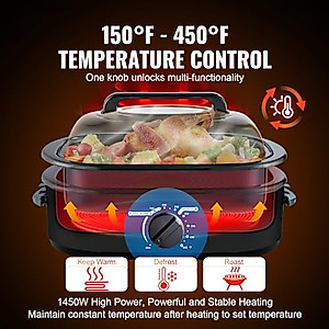 VEVOR Electric Roaster Oven, 20 QT Turkey Roaster Oven with Self-Basting Lid, 1450W Roaster Oven with Defrost & Warm Function, Adjustable Temperature, Removable Pan & Rack, Fits Turkeys Up to 24LBS
