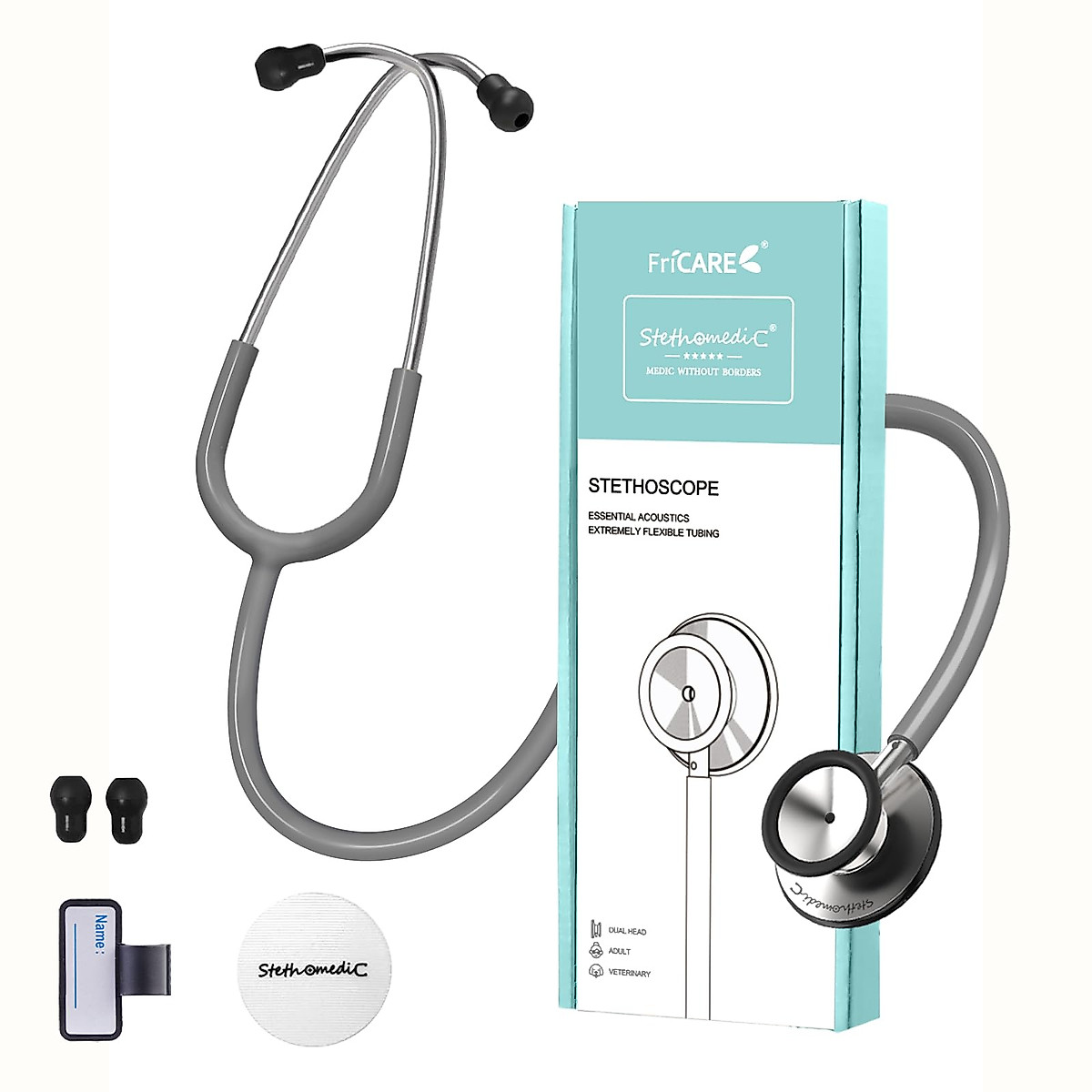 FriCARE Dual Head Stethoscope - Stethoscopes for Nurses, Medical Nursing Students, Paramedics/EMT/LVN/VNA Backup - FSA/HSA Eligible Estetoscopio, Haze Grey Tube, Stainless Steel Chestpiece