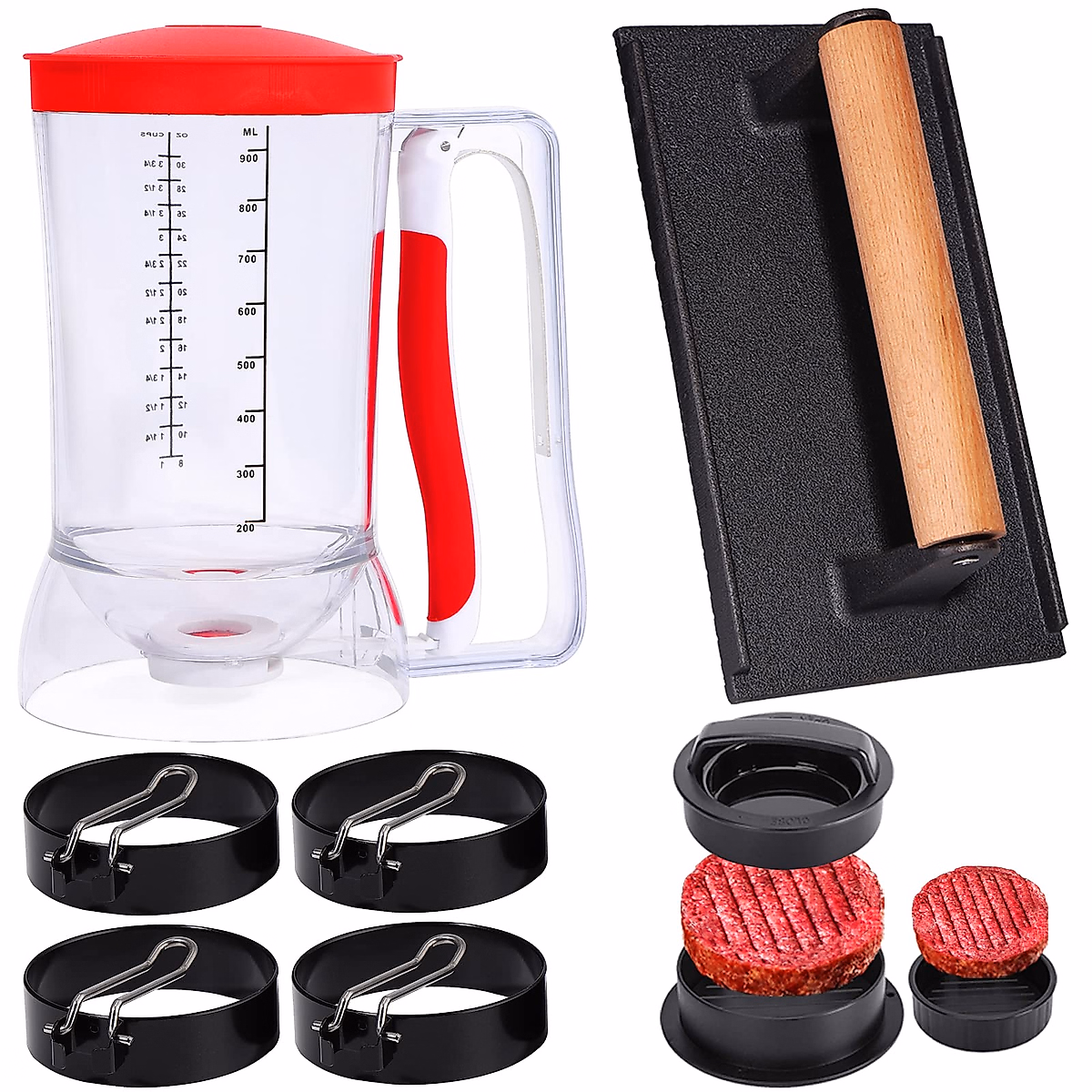 Breakfast Kit for Blackstone Grill, 7 Piece Griddle Accessories Set - Including Pancake Batter Dispenser, Bacon Press, Egg Rings, Hamburger Press Patty Maker