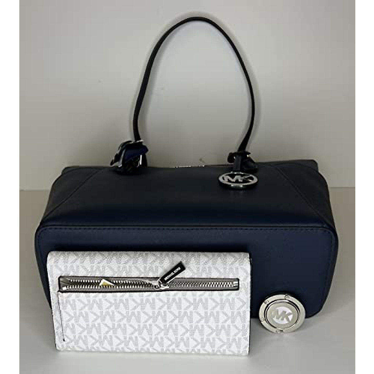 Michael Kors Charlotte Large Zip Tote bundled with matching Trifold Wallet Purse Hook (Navy/Signature MK Bright White)