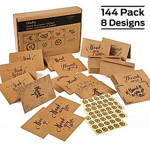 144 Bulk Thank You Cards with Self-Seal Envelopes, Brown Kraft Thank You Notes Box Set with Elegant 8 Designs Greeting Card for Wedding, Business, Birthday, Baby Shower, Blank Inside, 4 x 6 Inch