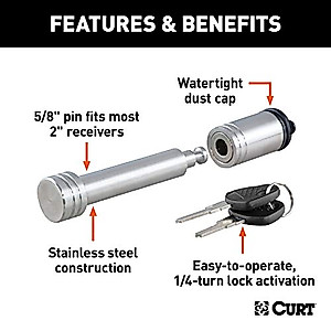 CURT 23516 Stainless Steel Trailer Hitch Lock, 5/8-Inch Pin Diameter, Fits 2-Inch Receiver