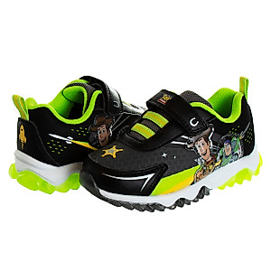 Disney Pixar Kids Toy Story Laceless Light Up Sneakers - Buzz Lightyear Woody Tennis Athletic Boy Shoes - Green/Black (Size 8 Toddler)