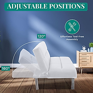 Naomi Home Faux Leather Futon Couch, Modern Convertible Folding Sofa Bed Couch Futon Sofa Bed with Chrome Legs, Reclining Mini Couch, Leather Futon Small Couch for Bedroom Living Room White