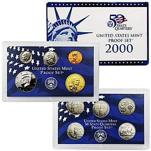 2000 S Gem 10-Piece Proof Set - Penny, Nickel, Dime, 5-Statehood Quarters, Kennedy Half and Sacagawea Dollar US Mint OGP - Excellent Proof Coins