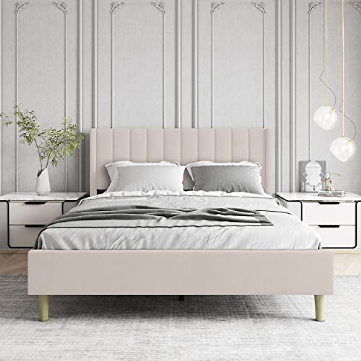 Zoophyter Upholstered Platform Bed Frame Queen Size with Headboard,Strong Wooden Slats Support No Box Spring Needed Easy Assembly Cream