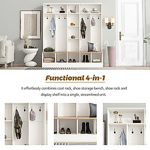 Wide Design Hall Tree with Storage Bench,Modern Style 4-in-1 Multiple Functions Hallway Coat Rack with 8 Hooks and Cube Storage & Shelves for Entryways, Mudroom(White)
