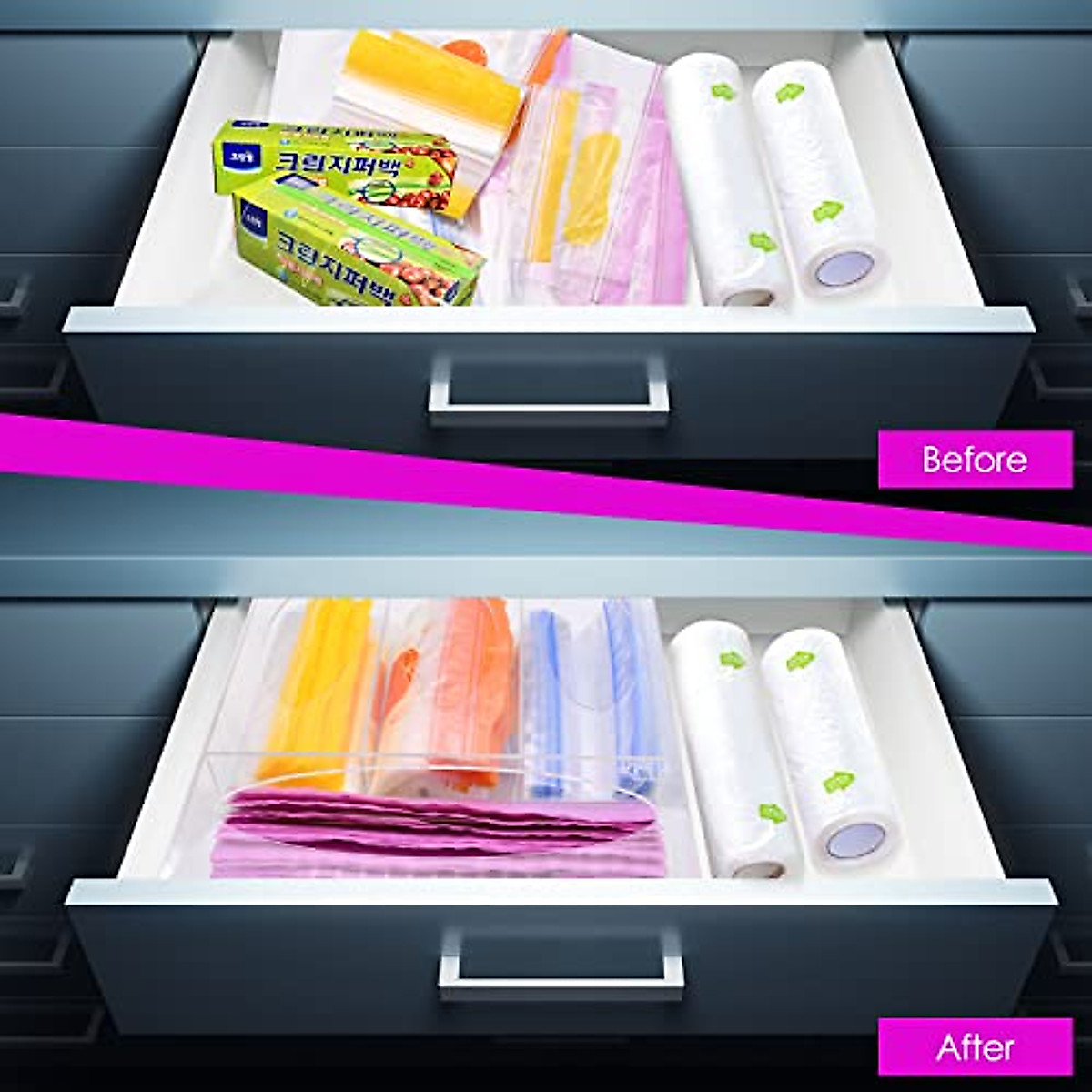 Bag Storage Organizer, Acrylic Food Storage Bag Organizer, Clear Bag Storage Organizer for Solimo, Hefty, Glad, Compatible with Gallon, Slider Quart, Freezer, Sandwich, Snack