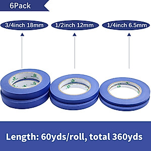 BOMEI PACK 6Pack Blue Painters Masking Tape, 1/4” 1/2” 3/4” X 60yds Multi Size Painting Paper Tape, Clean Removal with No Residue