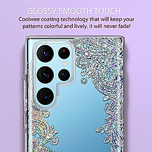 Coolwee Clear Glitter for Galaxy S22 Ultra - 6.8" Thin Flower Slim Cute Crystal Lace Bling Women Girl Floral Plastic Hard Back Soft TPU Bumper Protective Cover for Samsung S22 Ultra Mandala Henna