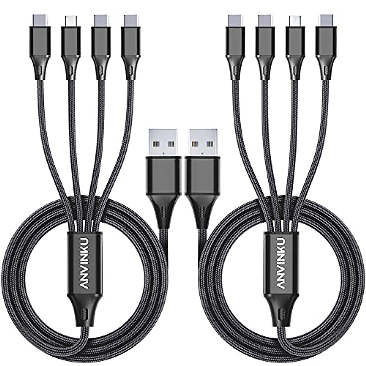 Multi Charging Cable, 4 in1 Multi Charger Cable Nylon Braided, 3A 4FT Universal Chargers for All Devices with Type-C/Micro USB Port, USB Charging Cable for All Cell Phones and More (Black, 2Pack)