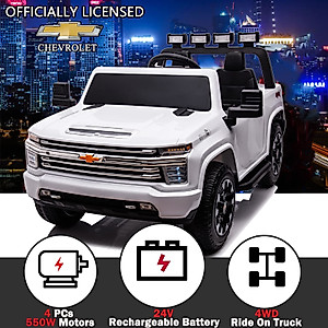 NEWQIDA 24V Licensed Chevrolet Silverado HD Pickup Truck Ride On Toys with Remote Control 4WD Kids Electric Power Vehicles Wheels Ride on Car for Boys Girls, EVA Tires, Music Function, White