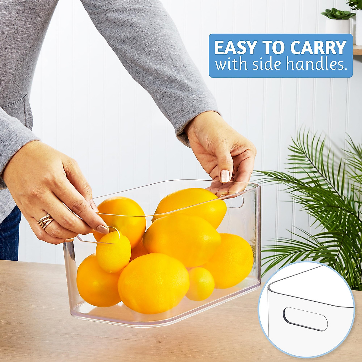 STORi Bliss 10" x 6" Open Compartment Clear Plastic Organizer | Rectangular Makeup and Vanity Storage Bin and Pantry Caddy with Pass-Through Handles | Round Corner Design | Made in USA