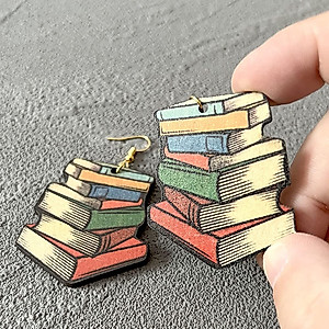 HILOLOA Teacher Earrings Book Lover Gift Double Sided Wooden Earrings for Women Back to School Gifts for Students Cute Teacher Appreciation Gifts Dangling Earring-book