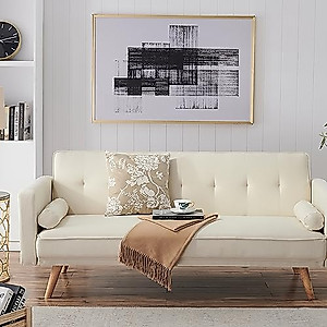 FULife Modern Futon Loveseat Sofa Convertible Sleeper Daybed, Folding Sofá Beds Recliner,Small Tufted Upholstered Love 2-Seat Couch for Living Room Space Furniture Sets, Beige Cotton 71.6" w