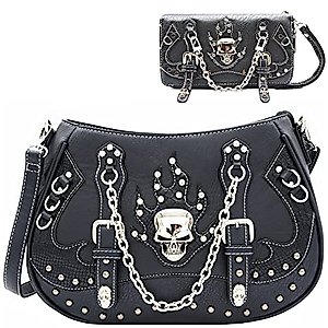 WESTERN ORIGIN Punk Gothic Skull Chain Crossbody Handbag Removable Strap Purse Women Single Shoulder Bag/Wallet Black