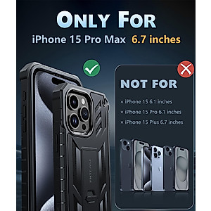 FNTCASE for iPhone 15-Pro-Max Case: Military Grade Drop Proof Rugged Protective Cell Phone Cover with Kickstand & Built-in Protector | Matte Textured Shockproof TPU Hybrid Bumper Cases (Black)