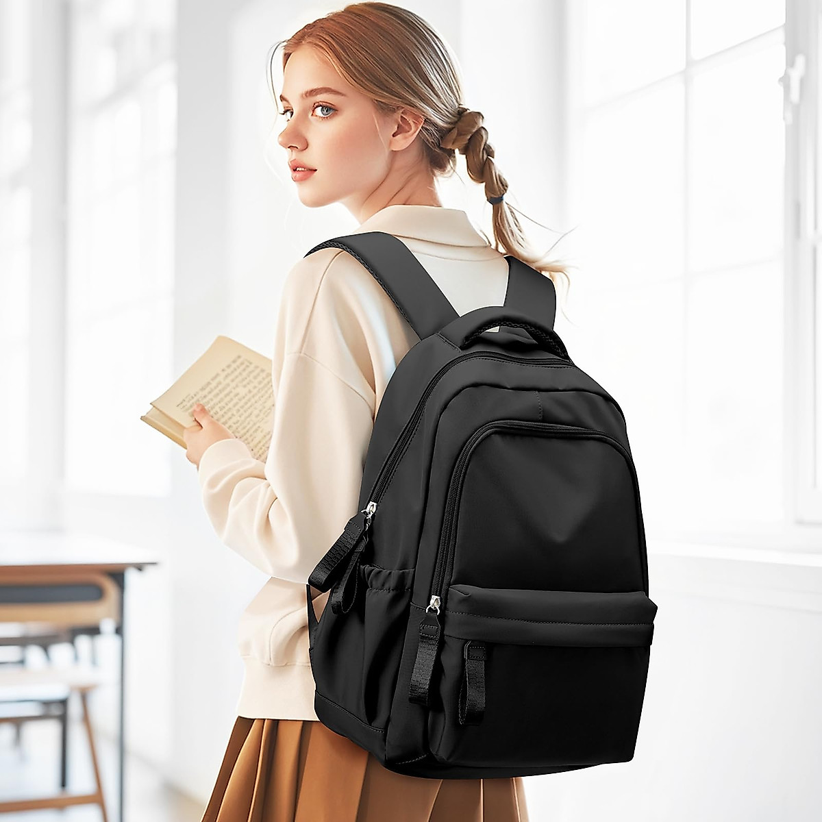 Small Backpack For School Girls Boys Aesthetic Lightweight Travel Daypack Simple Cute Backpack For Women Men Waterproof College High School Bookbag Fit 14 Inch Laptop With USB charging port,Black