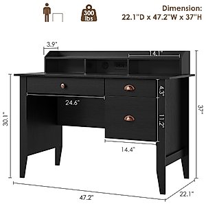 TTVIEW Computer Desk with Storage Drawers & USB Charging Port, Home Office Executive Desk with Hutch Shelf and File Drawer, Writing Study Table with 47" Wide Tabletop for Small Spaces, Black