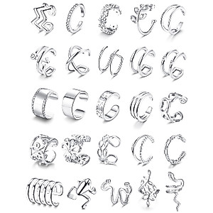 FASACCO 25PCS Women Clip on Cartilage Helix Wrap Earrings Adjustable Ear Clip Non-Piercing Ear Cuff, Silver