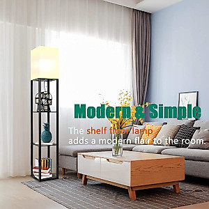 Wishwill Floor Lamp with Shelves, Modern Standing Shelf Lamp with 3 CCT LED Bulb and White Shade for Living Room Bedroom and Office-Black