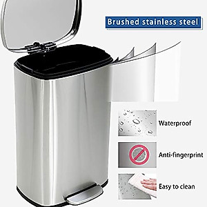 Stainless Steel Kitchen Trash Can with Soft Slow Lid Pedal Step 13 Gallon / 50 Liter Garbage Can Removable Plastic Inner Bucket Trash Bin for Bathroom Kitchen and Office Large Trash Bin,Silver