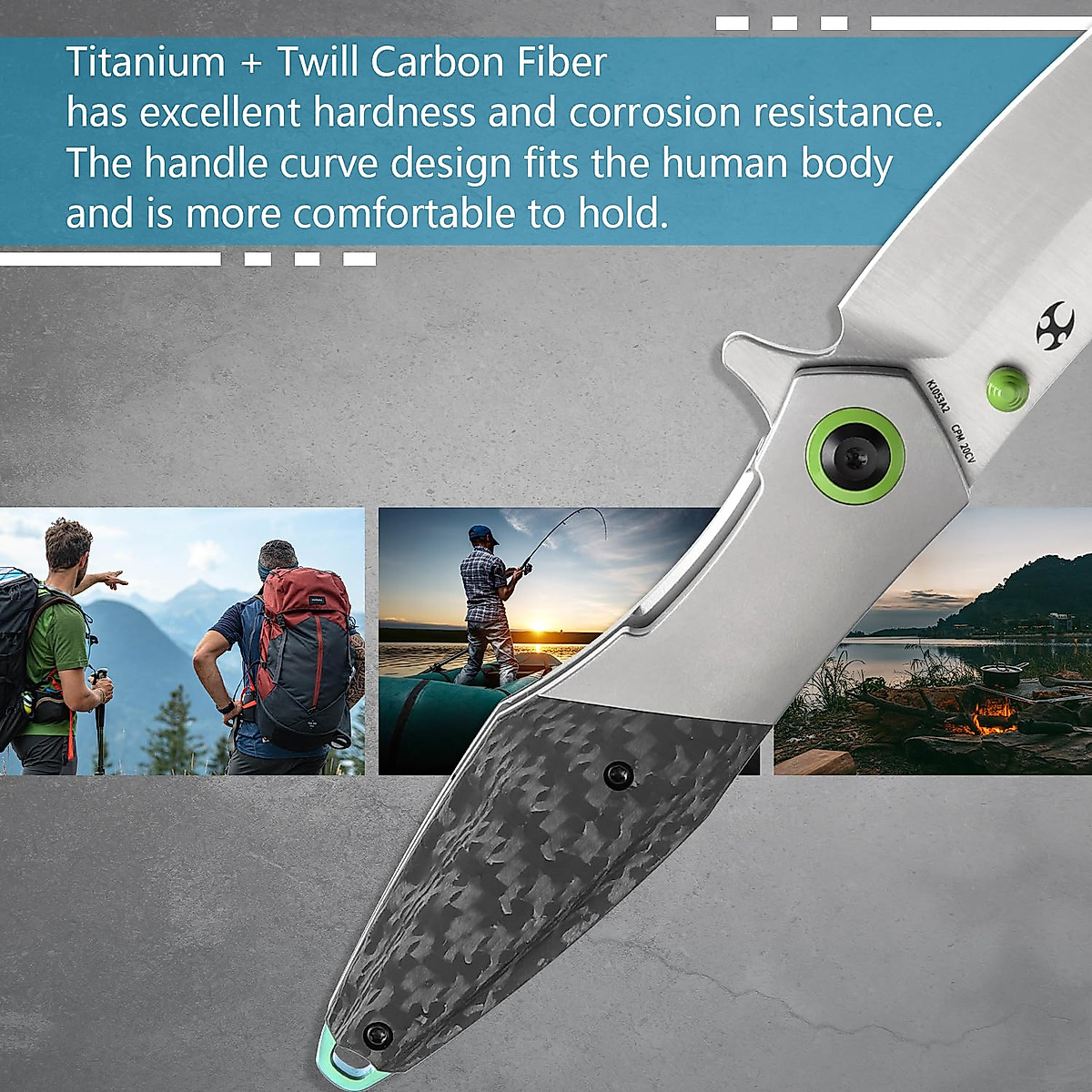 KANSEPT Mistaken Folding Knives for Men EDC Camping Pocket Folding Knife 3.58'' Satin CPM 20CV Blade with Titanium Twill Carbon Fiber Handle Everyday Carry K1053A2