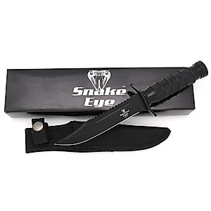 Snake Eye Tactical Fixed Blade Hunting Knife w/Survival Kit & Sheath Camping Fishing Matches Fish hooks Needles Compass (BLACK)