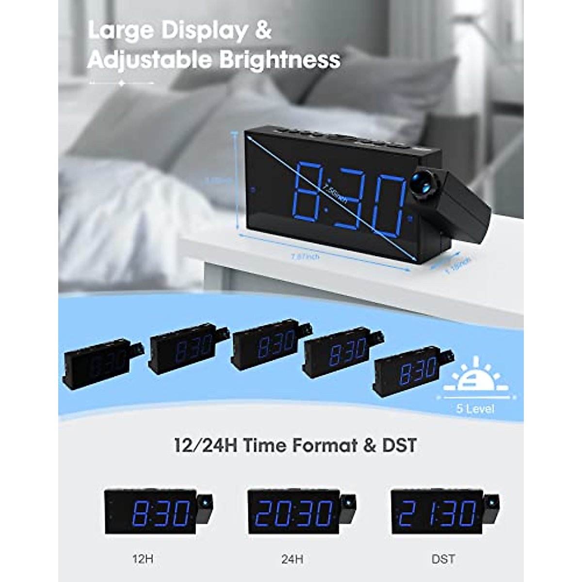 Digital Projection Alarm Clock for Bedroom, Large LED Alarm Clock with Projection on Ceiling Wall, 350°Projector,Dimmer,USB Charger, Battery Backup Loud Dual Alarm Clock for Heavy Sleeper Kids Elderly