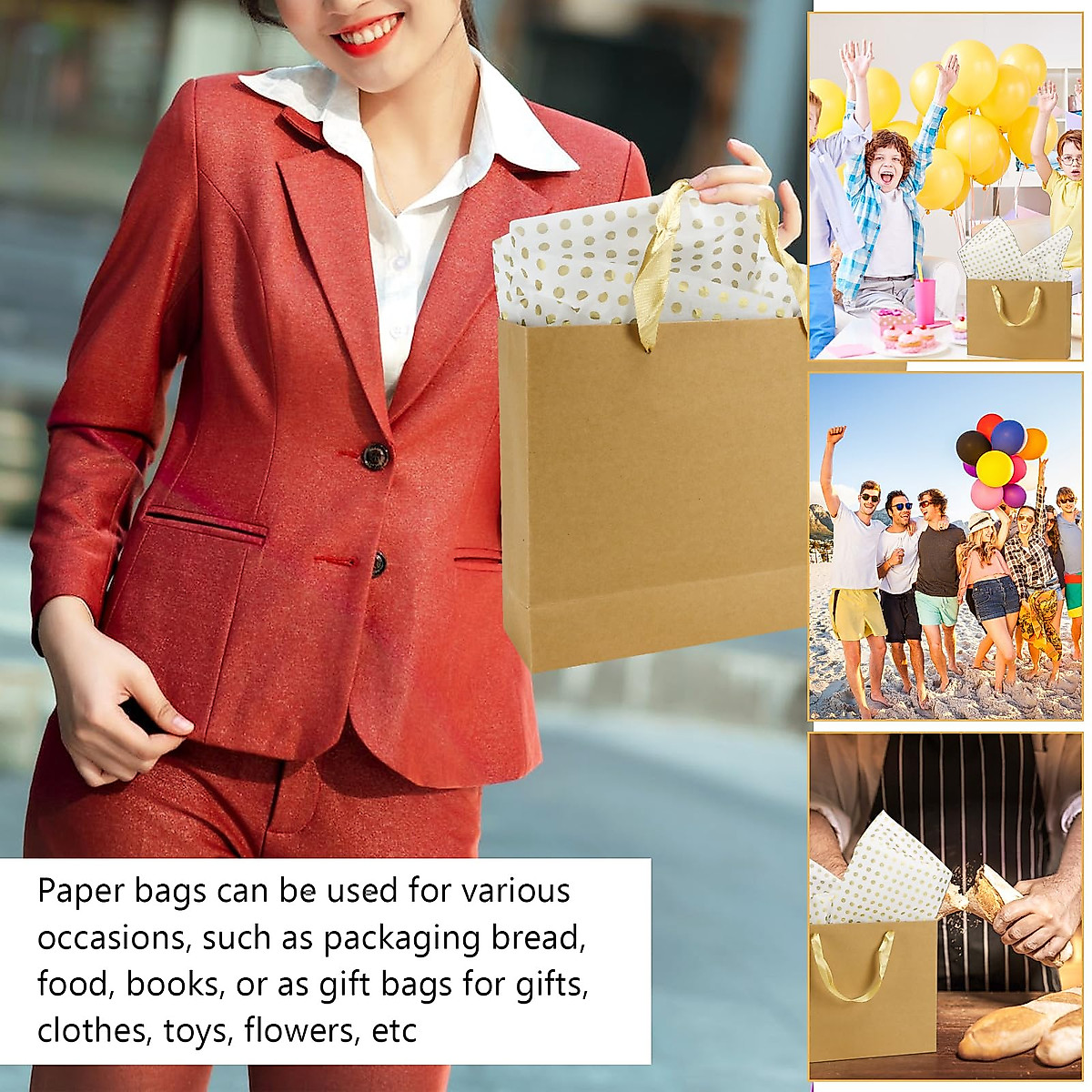 Rcybeo 15 Pack 10.6x3.1x8.3 Inch Brown Gift Bags, Kraft Paper Bags with Tissue Paper, Brown Paper Bag with Ribbon Handles for Retail, Grocery, Boutique, Wedding, Birthday, Party Supplies and Gifts