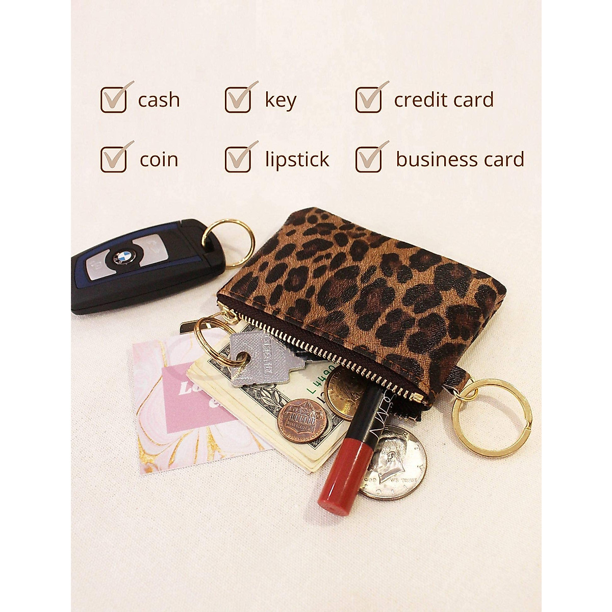 Heesch 2 Pack Mini Coin Purse Cheetah Change Purse Small Zipper Pouch Wallet for Women (Leopard & Ivory Leopard)