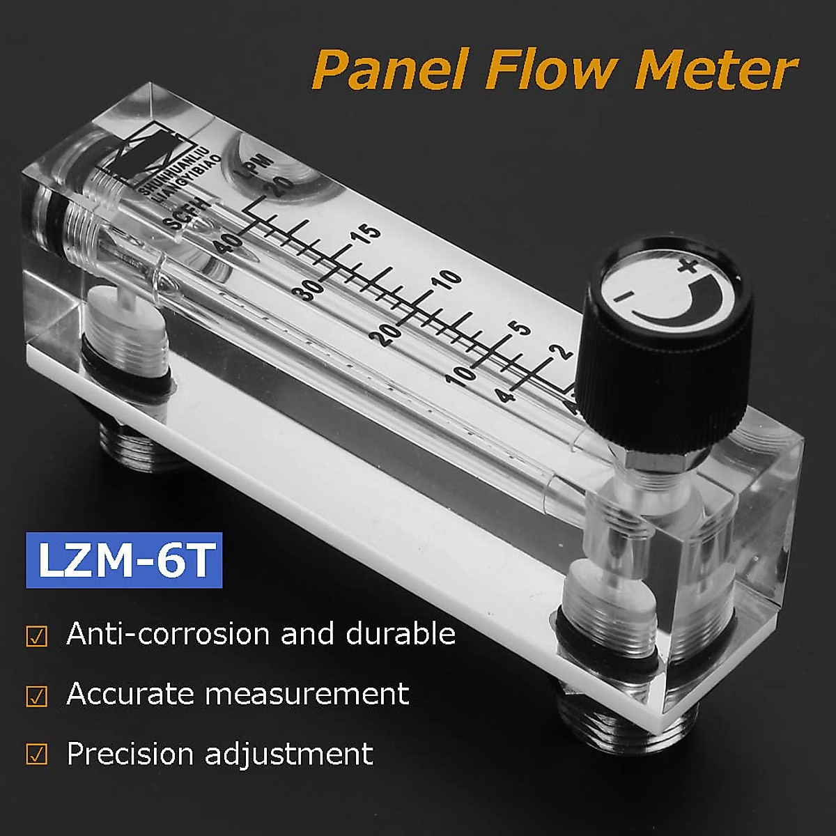 Gas Flowmeter, LZM-6T 2-20LPM/4-40SCFH Pipe Gas Flow Meter with Adjustable Control Valve, Female 1/4" BSPT Thread Interface Panel Mount Type Flowmeter for Oxygen Air Gas