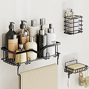 AMADA HOMEFURNISHING Shower Caddy Set, Stainless Steel Shower Organizer with Strong Adhesive, Shower Shelves with Toothbrush Holder, Soap Holder & Towel Bar, No Drilling, Set of 3, Black, AMHSR02B