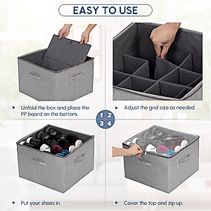 WELTRXE 2 Pack Shoe Organizer for Closet, Fits up to 32 Pairs, Small Space Shoe Storage Boxes Bins Containers w/Adjustable Dividers, Space Saving Shoes Holder W/Reinforced Handles, Gray