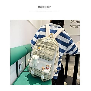 Mordelar 5Pcs Canvas School Backpack Combo Set with Kawaii Bear Pendant Cute Pins Plaid Check Handle Shoulder Tote Bag Schoolbag (Khaki)