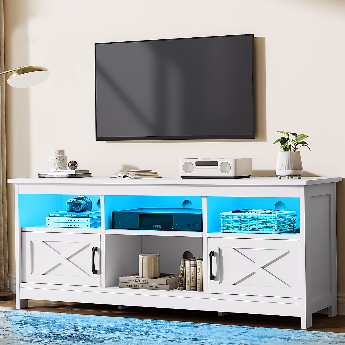 YITAHOME Farmhouse TV Stand with Power Outlet, LED Light Entertainment Center for TVs up to 65 Inch, TV Cabinet with Storage, Rustic Media Console for Living Room, 59" White