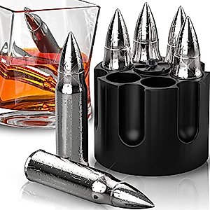 Zwin Extra Large Silver Bullets Whiskey Stones Set for Drink, 6Pcs Whiskey Ice Cubes Bullets Stones with Base, Reusable Whiskey Stones Stainless Steel Whisky Gifts for Men Dad Boyfriend