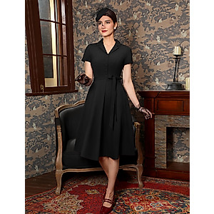 Wedtrend Vintage Women Tea Dress, A-Line Summer Retro Cocktail Party Dress for Church Work 50s Wedding Guest Dress A-Line Tea Party Dress Bridal Shower Dress with Sleeves WTP30001BlackS