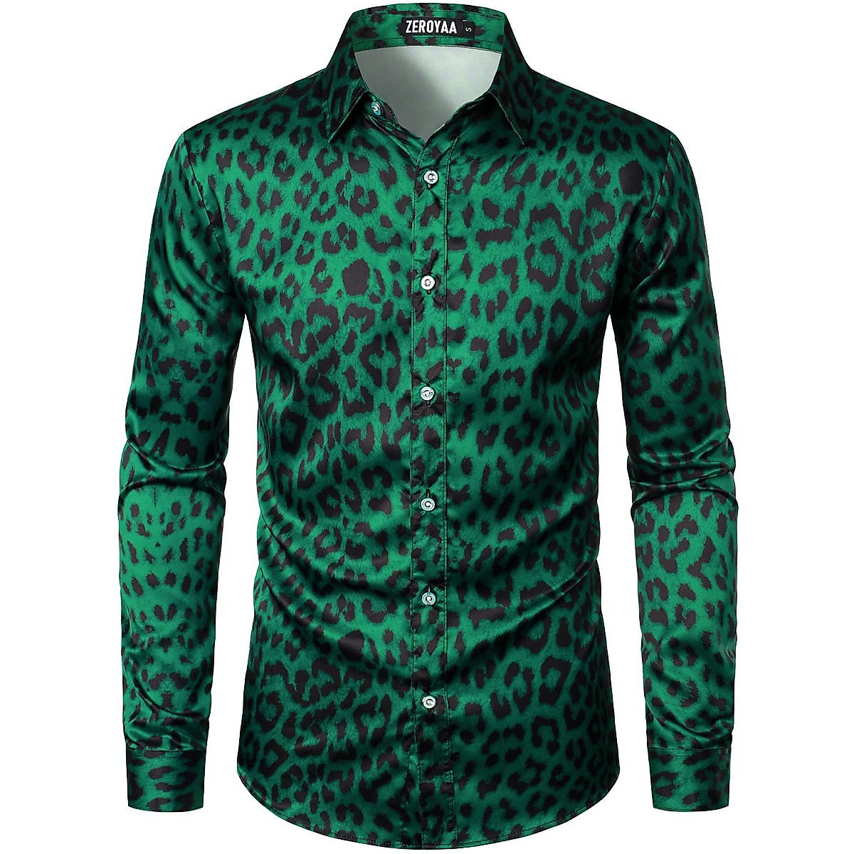 ZEROYAA Men's Hipster Leopard Printed Slim Fit Long Sleeve Button Up Satin Dress Shirts for Party Prom ZLCL36-108-Emerald XX-Large