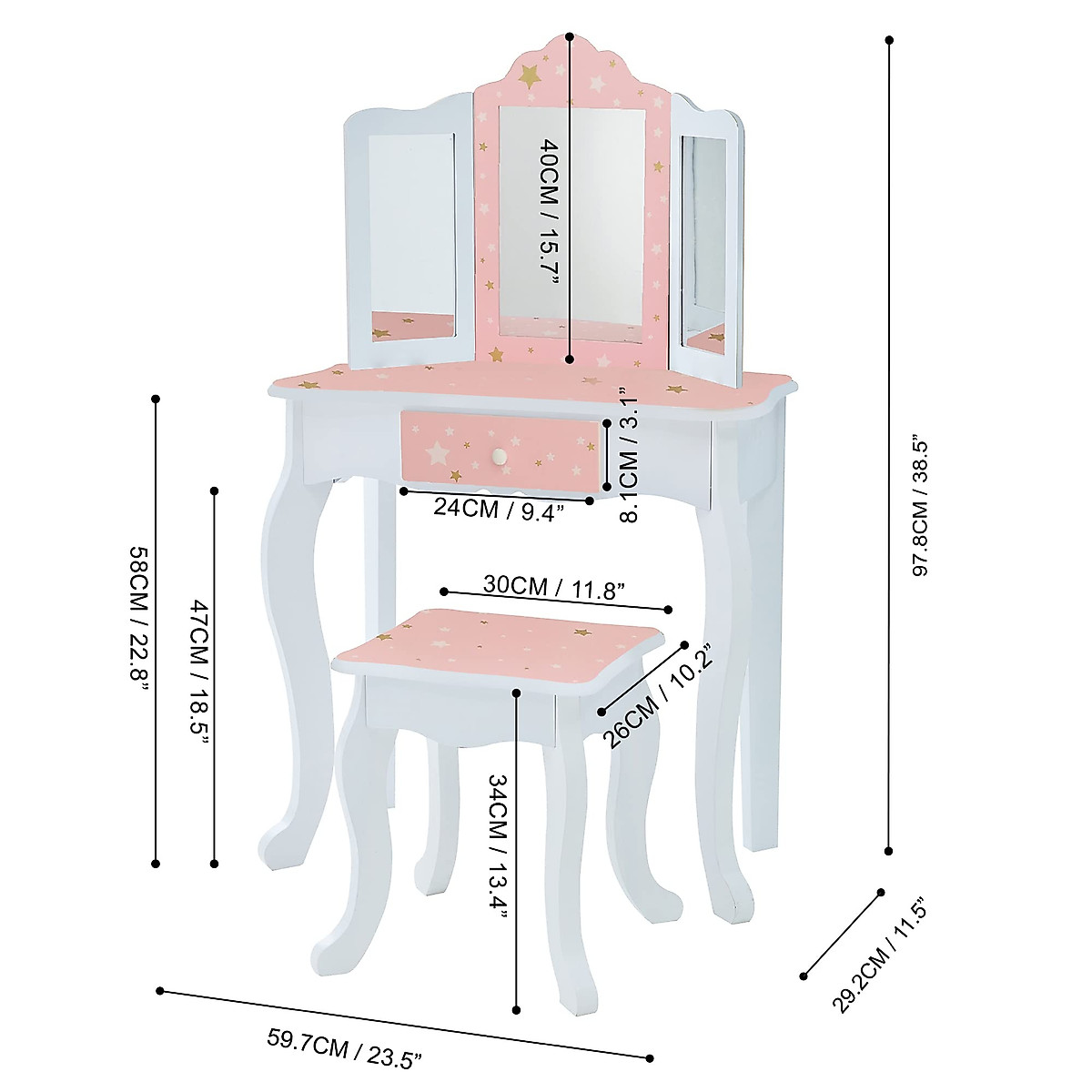 Teamson Kids Princess Gisele Twinkle Star Print 2-Piece Kids Wooden Play Vanity Set with Vanity Table, Tri-Fold Mirror, Storage Drawer, and Matching Stool, White with Pink and Gold Star Accent