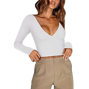 REORIA Womens Sexy Casual Plunge Deep V Neck Long Sleeve V Backless Double Lined T Shirts Fall Trendy Going Out Fitted Crop Tops Tees White Large