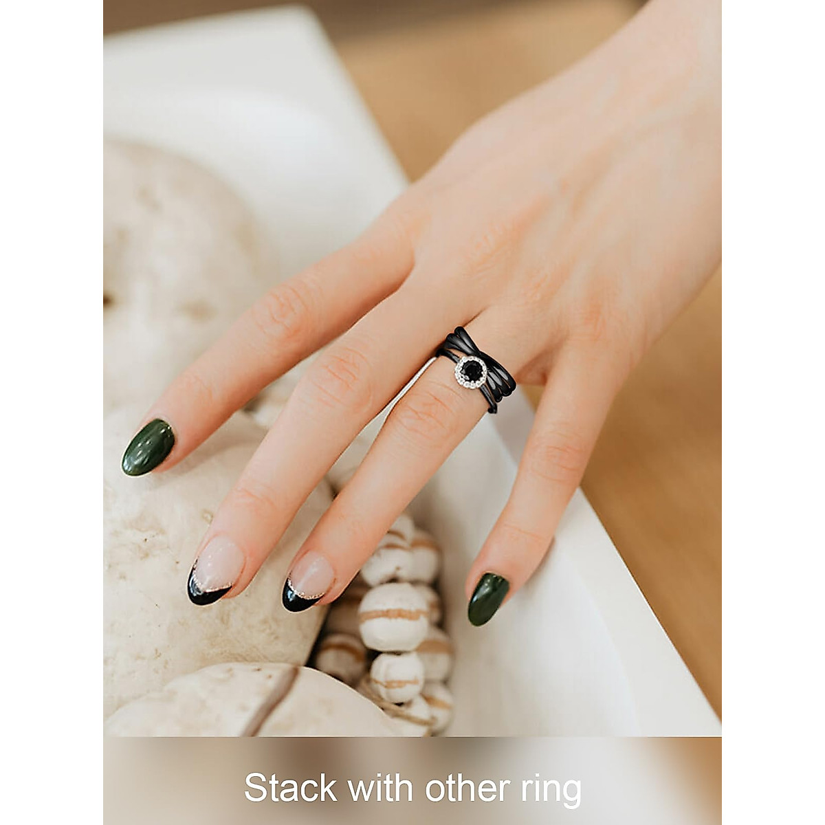 FOCALOOK Triple Band Rolling Ring Black Fashion Interlocked Anxiety Ring for Women (Black, 8)