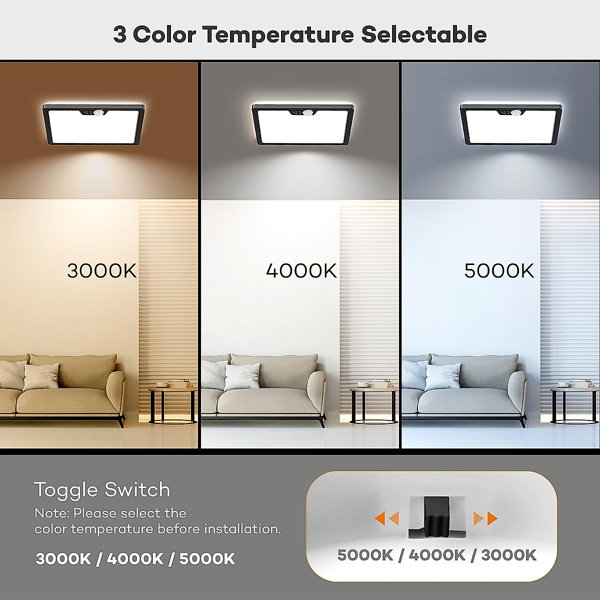 Annaror Motion Sensor LED Ceiling Light Wired, 18W 1800LM Flush Mount Light Fixture with 3 Timer, 3000K 4000K 5000K Selectable, Square Motion Ceiling Light for Closet Porch Stairs Hallway, Black