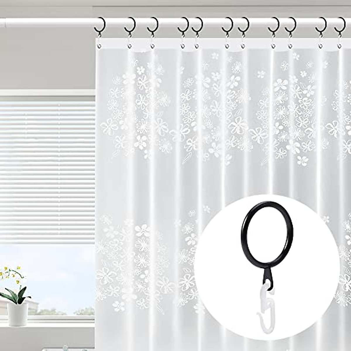 CALIDAKA Curtain Rings, 24Pack Black Curtain Rings and Hooks, 30mm Metal Hanging Rings with Curtain Hooks, Durable Curtain Drapery Pole Rod Rings for Window Rods, Shower Curtains Hanging