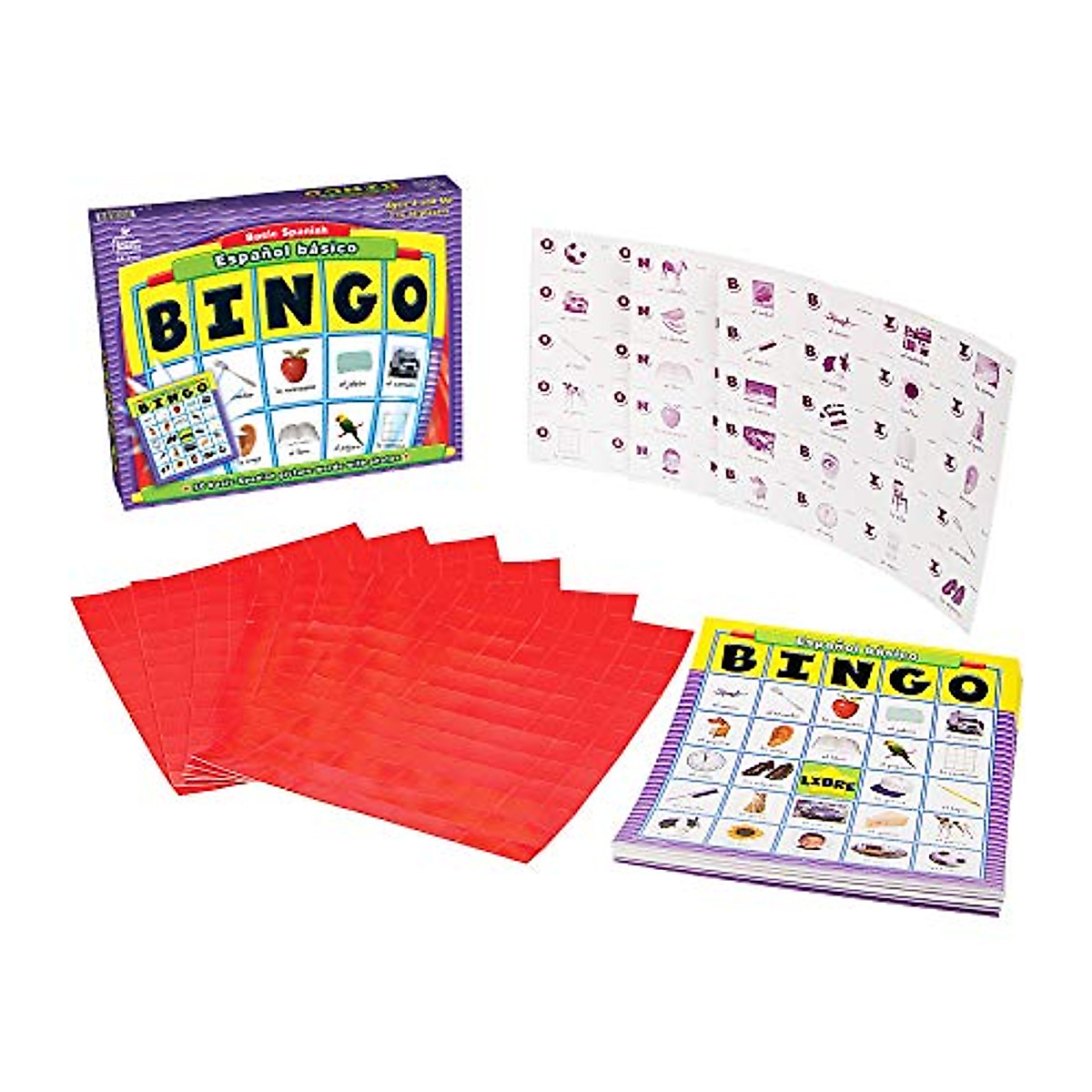 Carson Dellosa Basic Spanish Bingo Game—Learning Board Game with 50 Spanish Words with Photos, 36 Game Boards and Bingo Chips for 3-36 Players, Ages 4 and Up