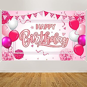 Hot Pink Happy Birthday Banner Backdrop Decorations for Girls Women, Happy Birthday Party Sign Supplies, Large 10th 16th 21st 30th 40th 50th Birthday Background Photo Booth Props Decor