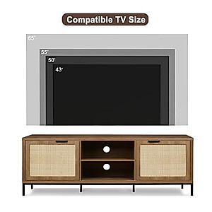 Anmytek Farmhouse Rattan TV Stand for 65 Inch TV Rustic TV Console Table with 2 Rattan Doors Modern Entertainment Center for Living Room Bedroom H0033