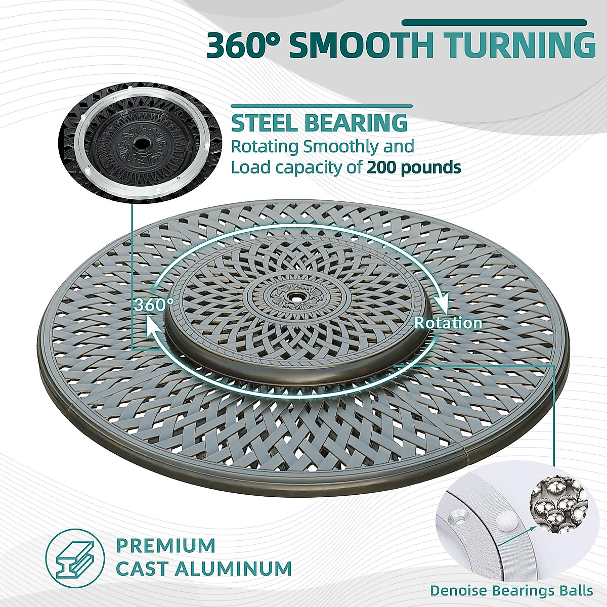 MEETWARM 9-Piece Outdoor Furniture Dining Set, All Weather Cast Aluminum Patio Garden Set- 8 Cushioned Chairs, 61" Round Patio Dining Table with Detachable Lazy Susan, 2" Umbrella Hole, Ocean Blue